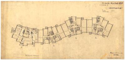 Serpentine house, building 1, floor plan, 1st floor, Helsinki, 1.7.1949 ...