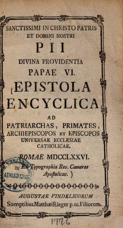 Pii divina providentia Papae VI. epistola encyclica ad patriarchas ...
