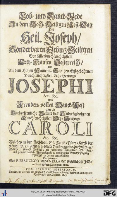 Lob- und Danck-Rede An dem Hoch-Heiligen Fest-Tag Des Heil. Joseph ...