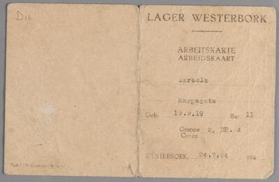 D000010: Arbeidskaart op naam van Margereta Israels, Westerbork, juli ...