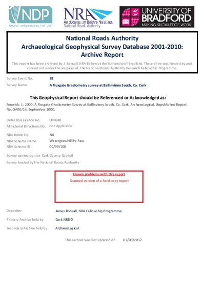 Archaeo-geophysical Survey, 00R048 N8 Watergrasshill By Pass, County ...