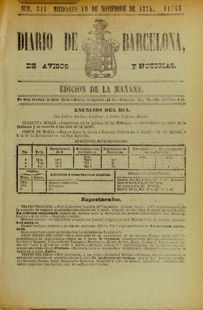 Diario de Barcelona: Año 1875, no. 314 (10 noviembre 1875) Ed. mañana ...