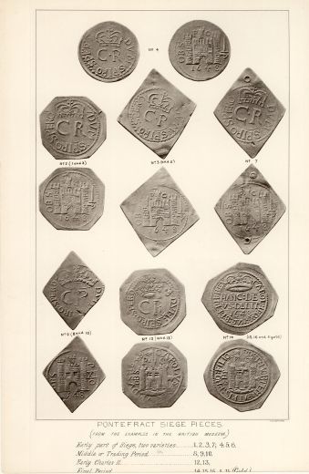 Duatone photograph of a range of siege coins issued at the castle ...